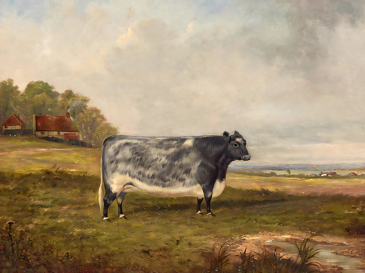 Fine Oleograph on Canvas of a Prize Cow in a Rural Landscape – Mulberry Art