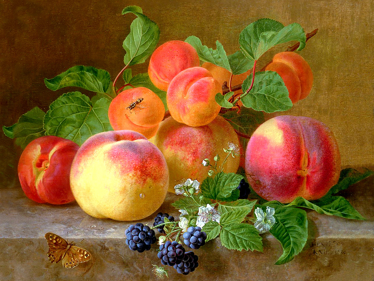 Beautiful Oleograph on Canvas Still Life of Peaches on a Marble Ledge ...