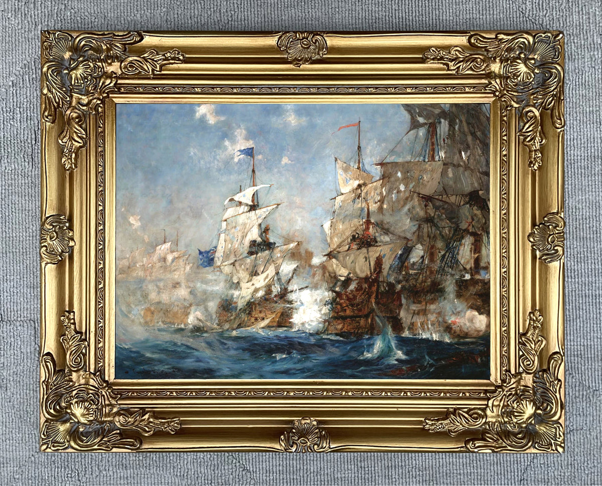 Fine Gilt Framed Oleograph of the Battle of Trafalgar 1805 aft. Charle ...
