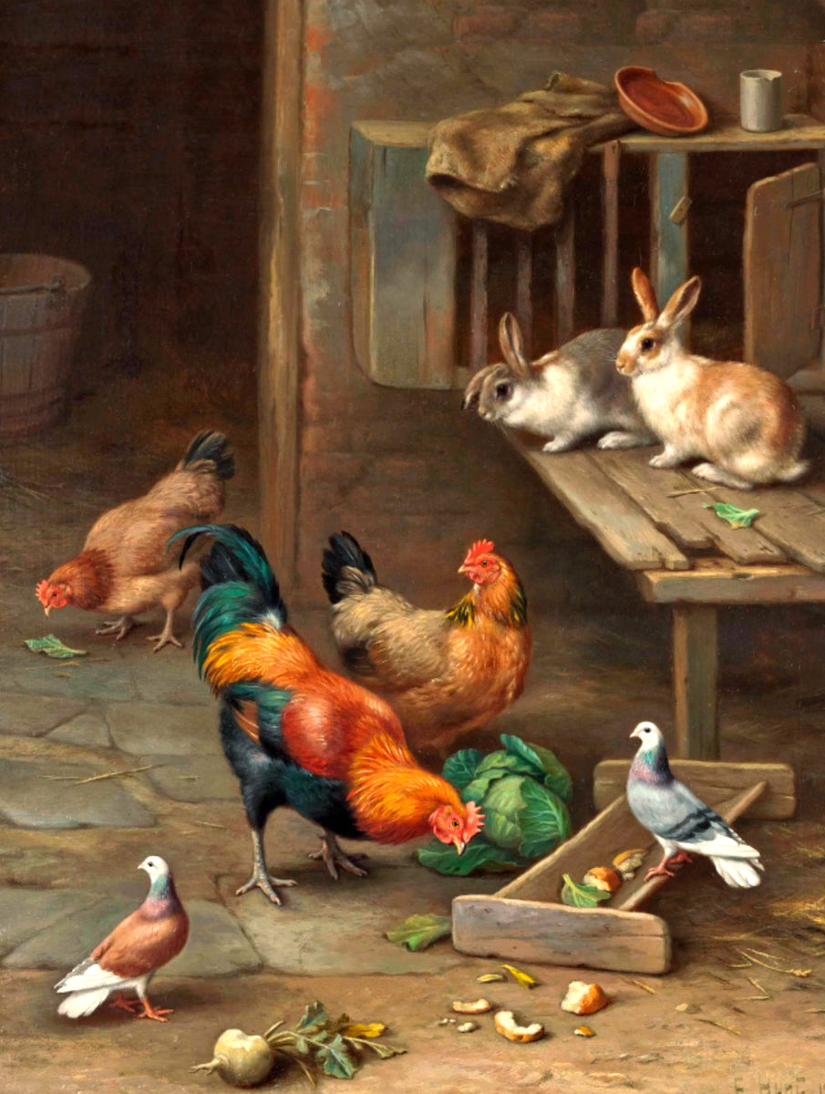 Fine Oleograph on Canvas of Chickens, Rabbits & Pigeons in a Stable ...