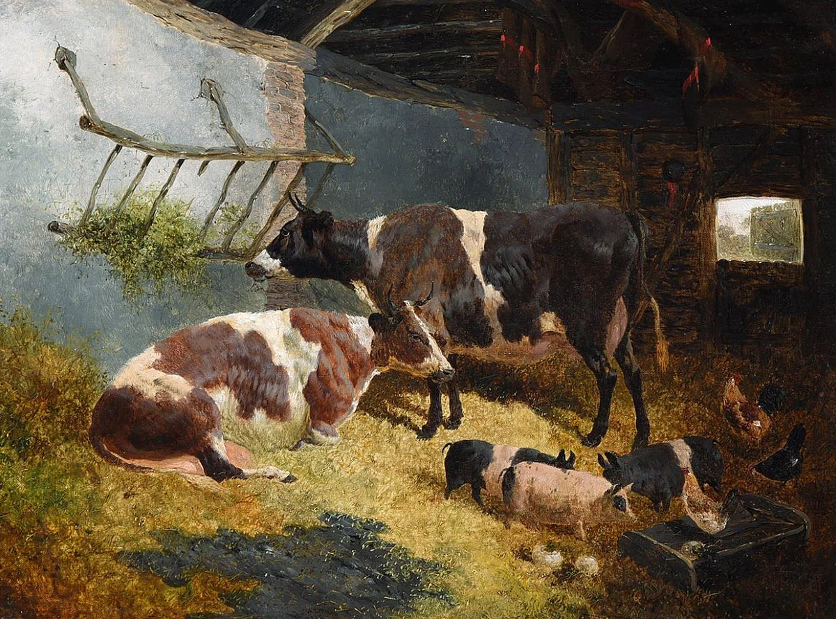 Fine Oleograph on Canvas of Cows Pigs & Chickens in a Stable – Mulberry Art