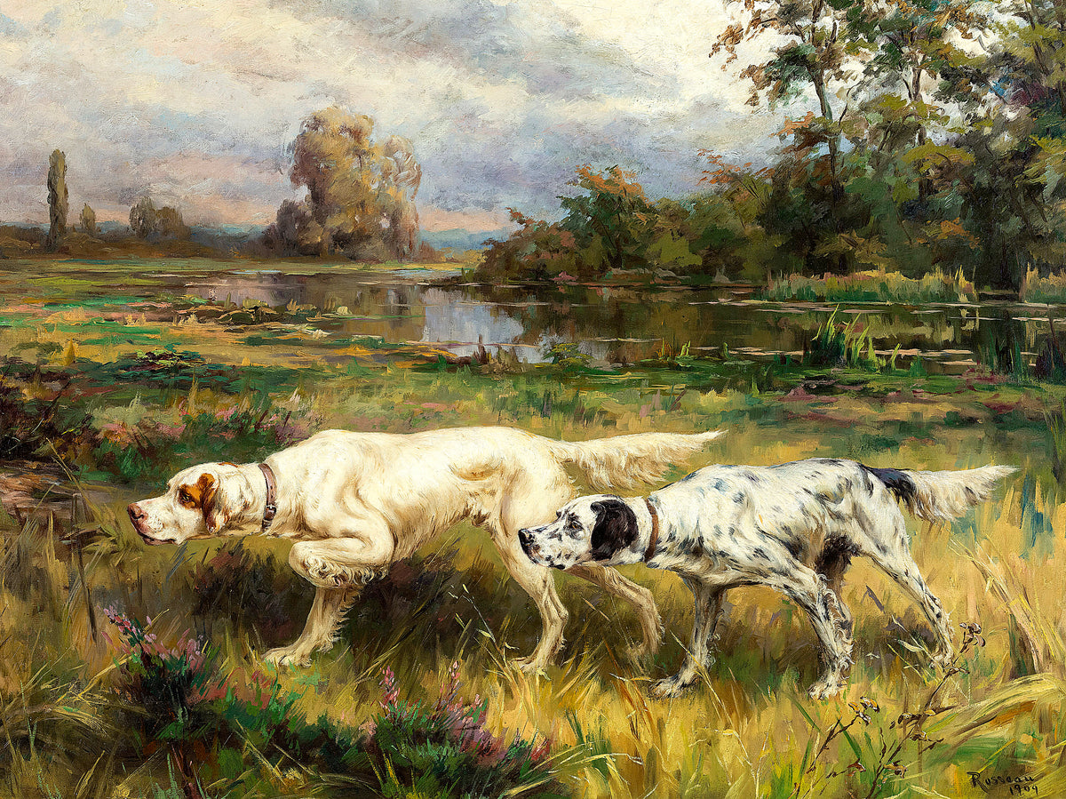 Fine Oleograph on Canvas - "Setters on Point in a River Landscape ...