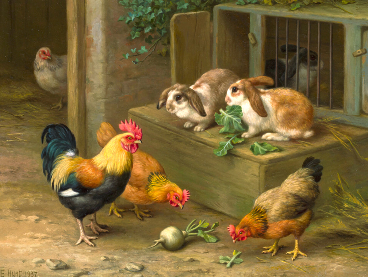 Fine Oleograph on Canvas of Chickens & Rabbits in a Stable Yard ...